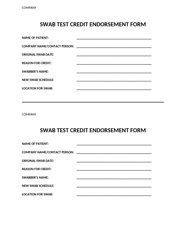 Swab Test Credit Endorsement Form - 1631588227 | PDF