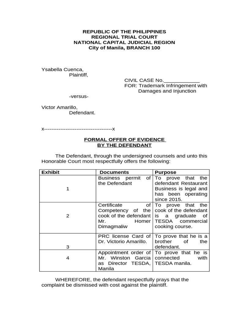 Formal Offer of Evidence - Defendant | PDF | Judiciaries | Public Law