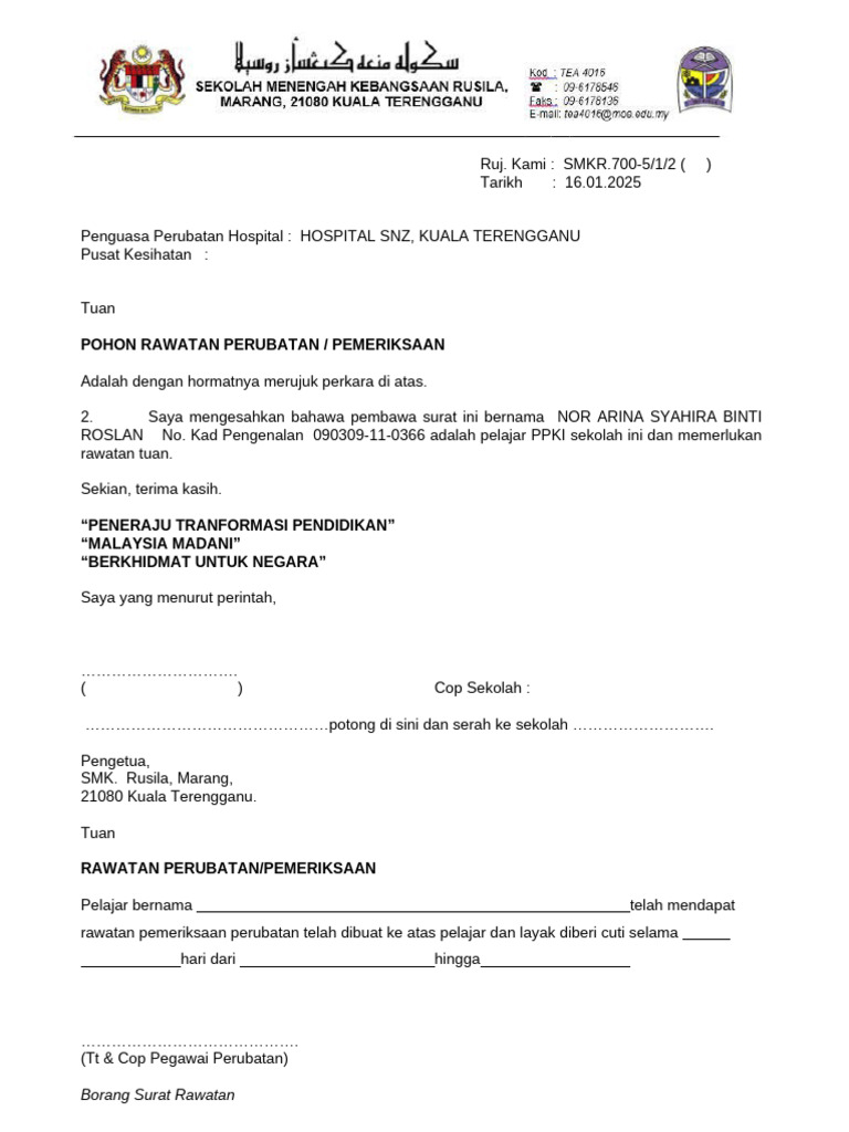 Surat Rawatan Pelajar | PDF