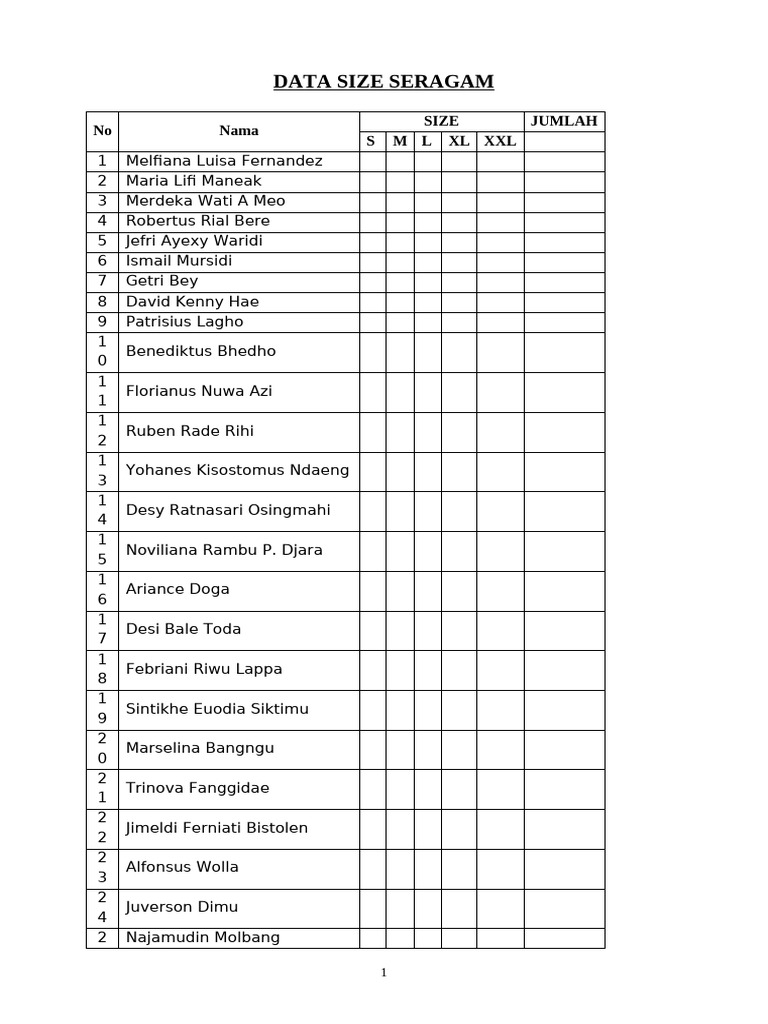 Data Ukuran Seragam RT | PDF