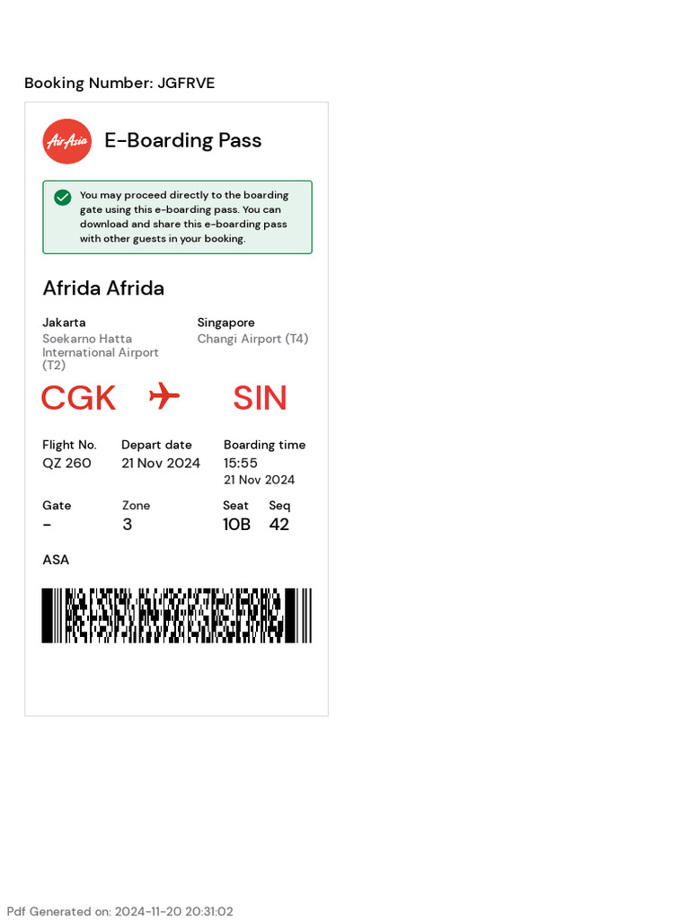 BoardingPass JGFRVE Afrida 1337043570 (CGK-SIN) 1732105871915 | PDF
