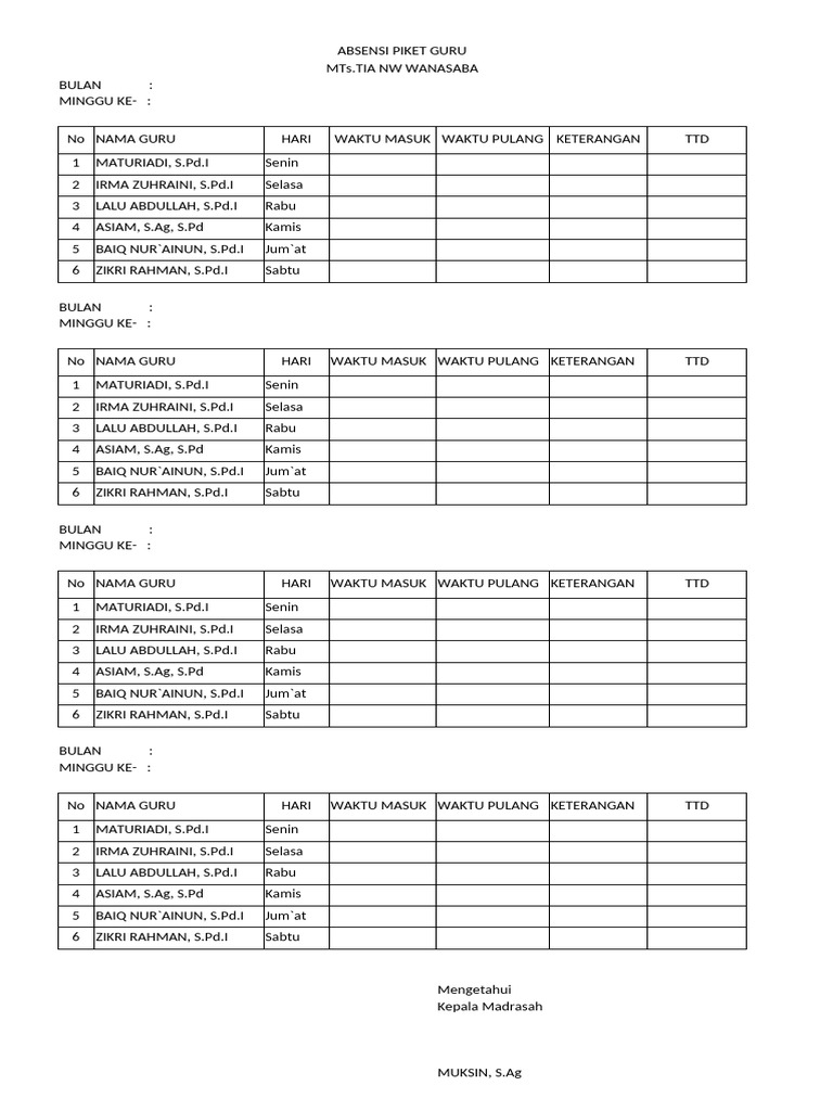Daftar Piket Guru | PDF