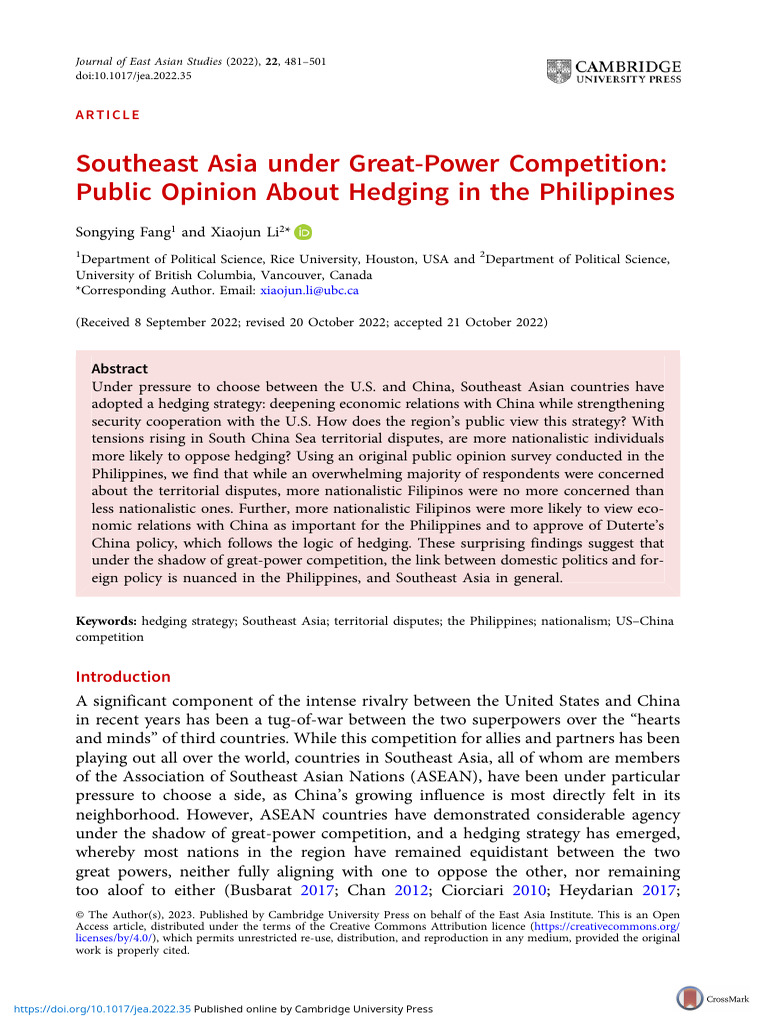 Southeast Asia Under Great Power Competition Public Opinion About ...