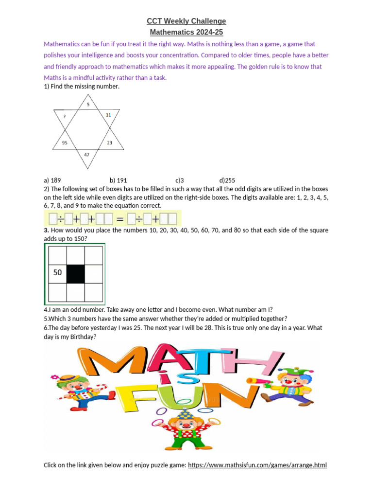 Maths CCT Weekly Challenge 2024-25 | PDF