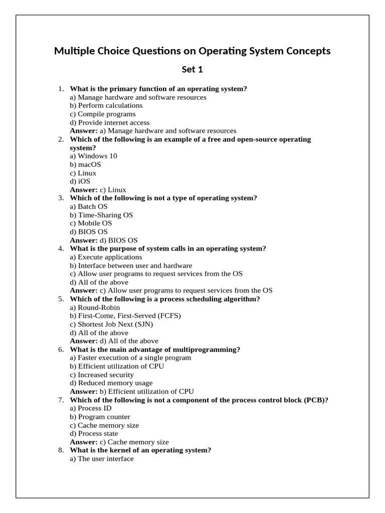 Multiple Choice Questions On Operating System Concepts | PDF | Operating System | Process ...
