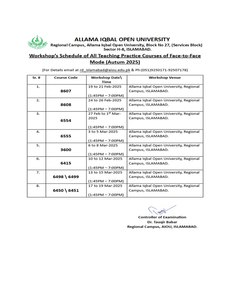 Workshop's Schedule of All Teaching Practice Courses of Face-to-Face ...