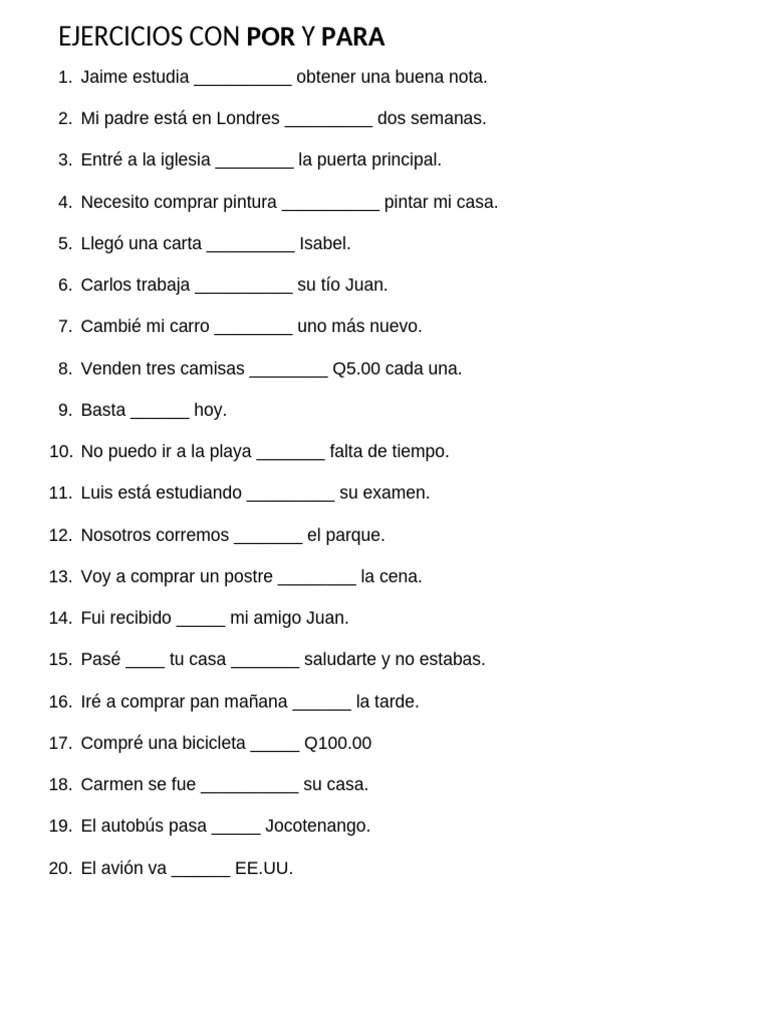 Ejercicios de Preposiciones: Por y Para | PDF