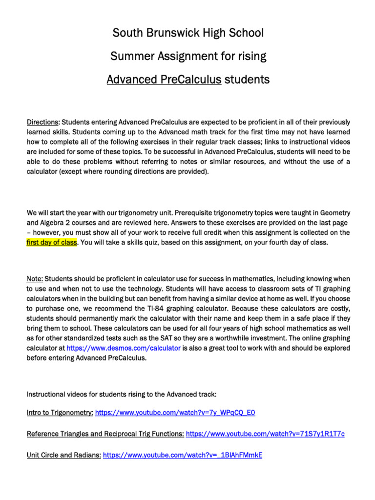 Adv Pre Calc Summer Assignment | PDF | Trigonometry | Angle
