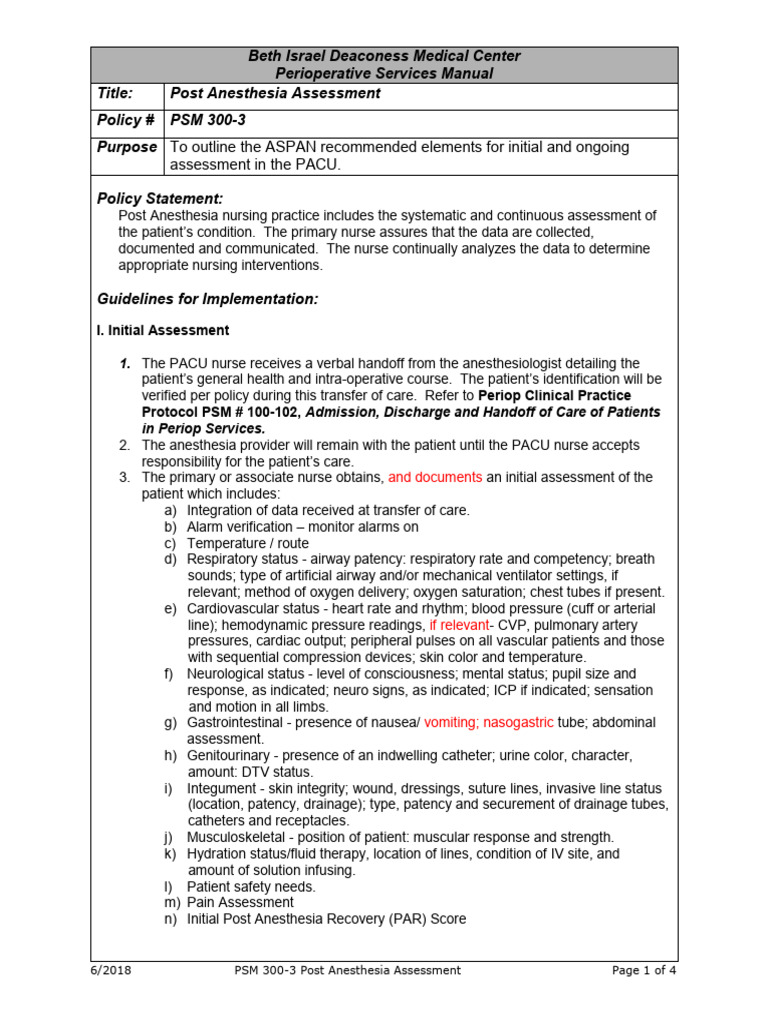 PACU Assessment Guidelines | PDF | Apnea | Anesthesia
