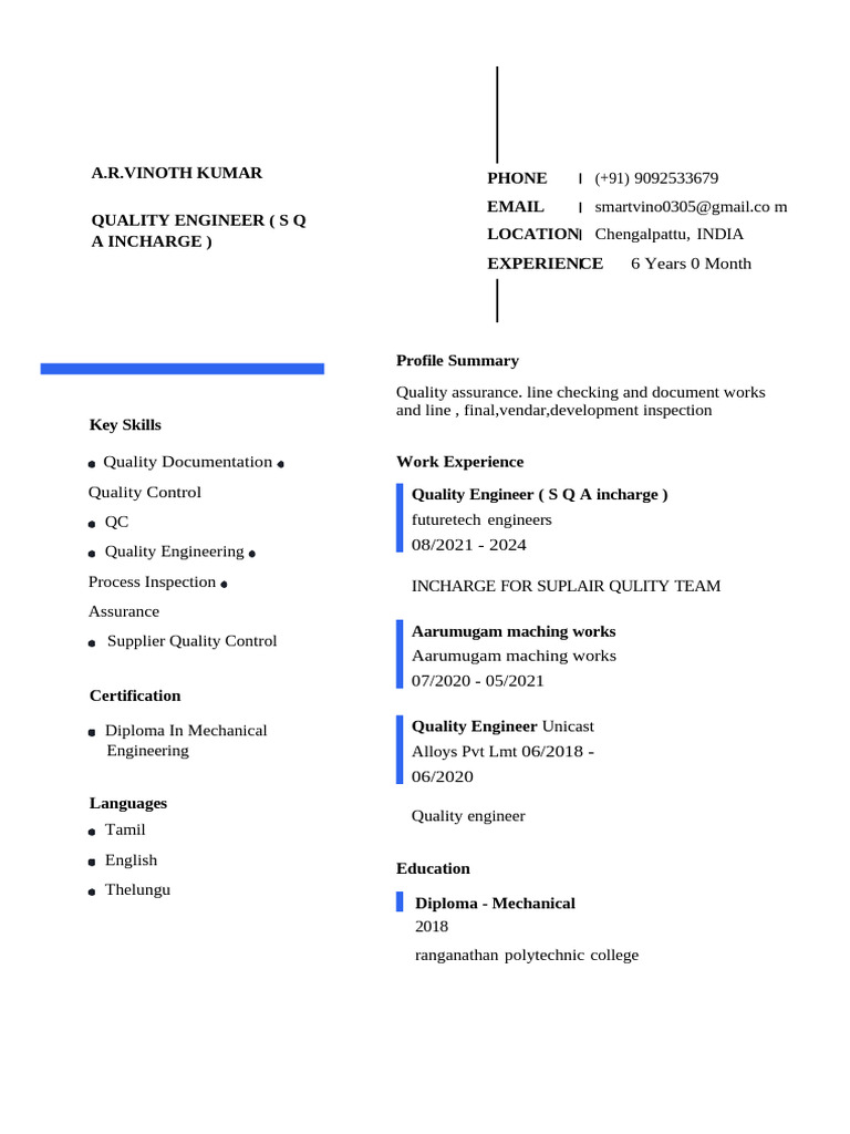 A R Vinoth Kumar_Quality Control_6 Yrs | PDF