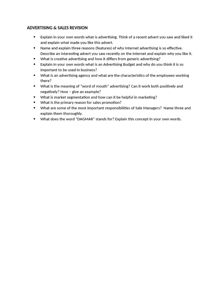 Advertising & Sales Revision | PDF