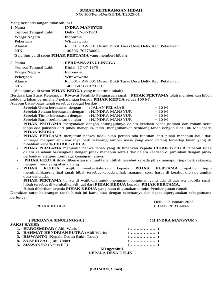 Surat Keterangan Hibah Tanah 2025 | PDF