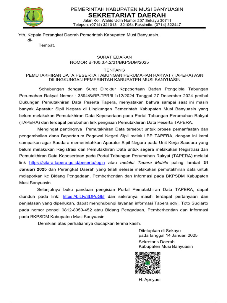 SURAT EDARAN PEMUTAKHIRAN DATA TAPERA PDF | PDF