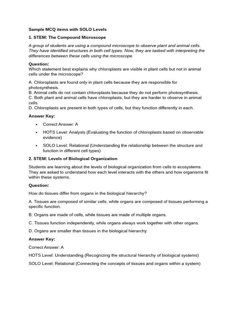 Sample MCQ Items With SOLO Levels | PDF | Reproduction | Meiosis