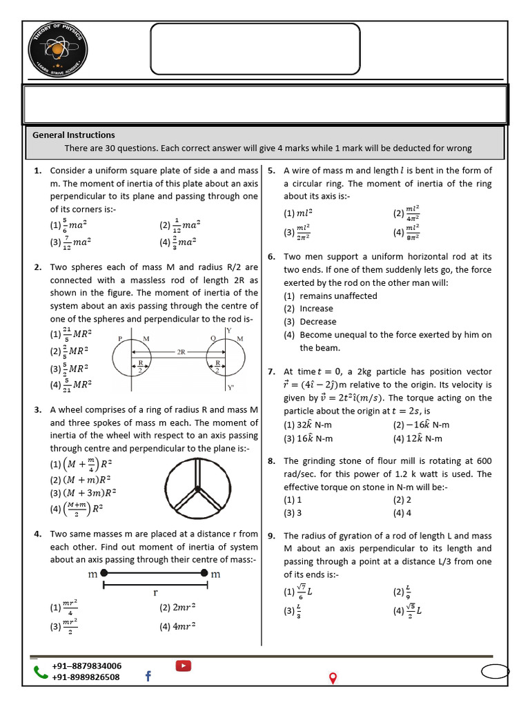 Test - 01 - (17!11!2024) - Rotational Dynamics (Till Torque) | PDF ...