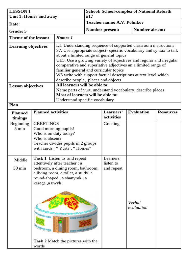 Grade 5 Lesson Plans: Homes & Vocabulary | PDF | Curriculum | Plural