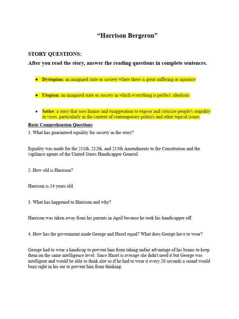 Lena English 2 Harrison Bergeron Story Questions | PDF