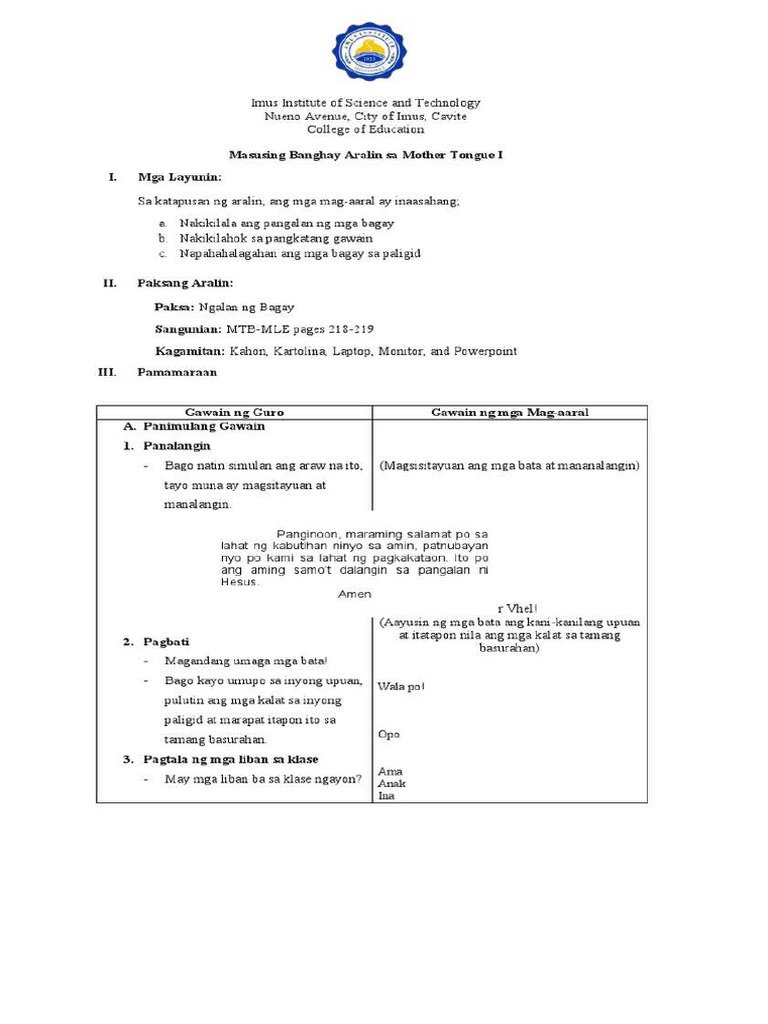Datu Hariss Lesson Plan Mother Tongue G 1 | PDF