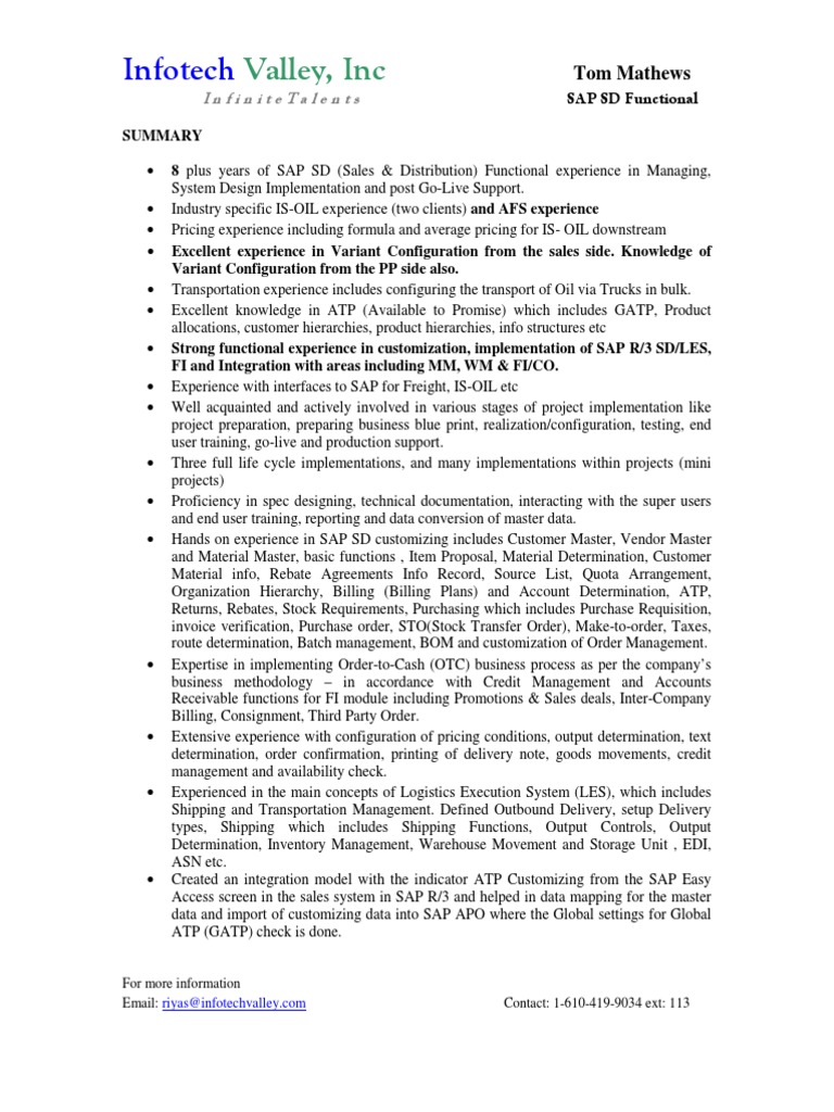 Sap SD Resume | PDF | Sap Se | Digital Technology