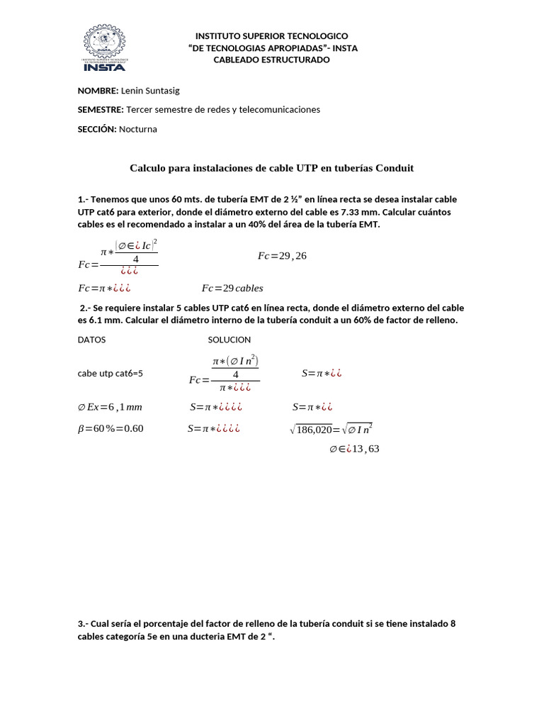 Calculo para Instalaciones de Cable UTP en Tuberías Conduit | PDF | Equipo de telecomunicaciones ...