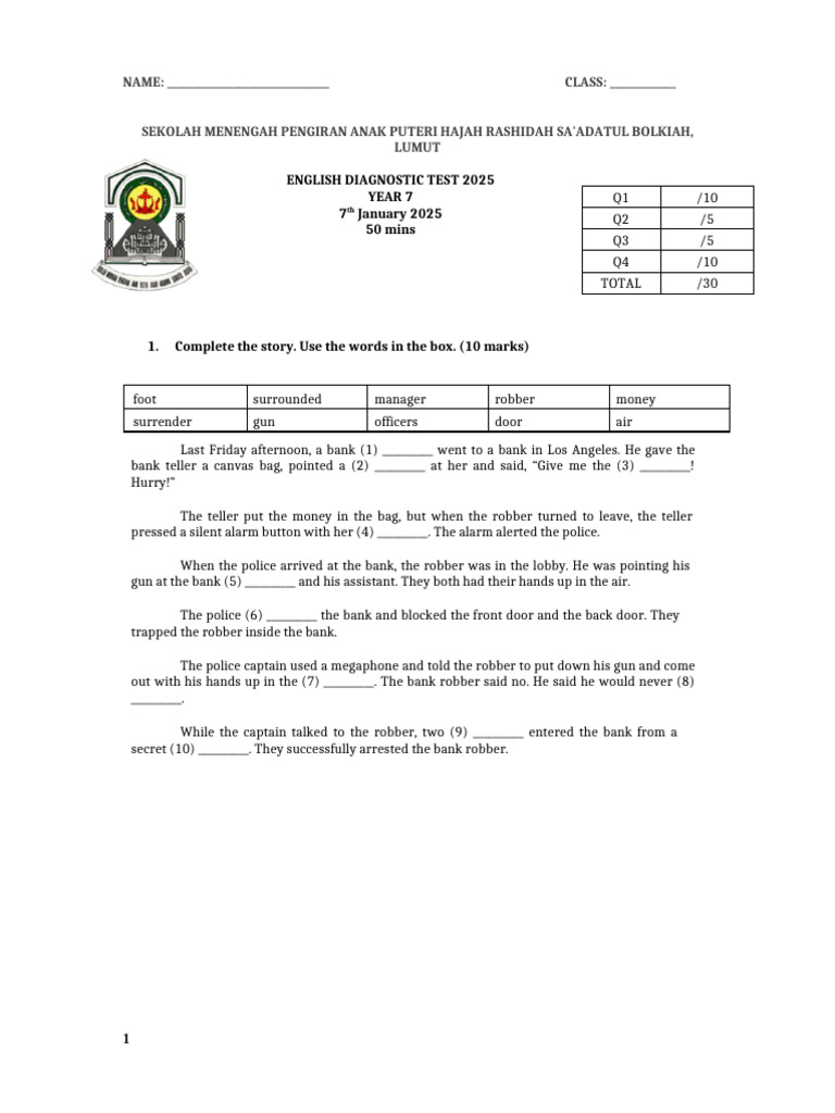 Year 7 English Diagnostic Test 2025 | PDF