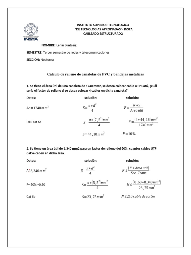 Calculo de Relleno de Canaletas | PDF | Equipo de telecomunicaciones | Estándares informáticos