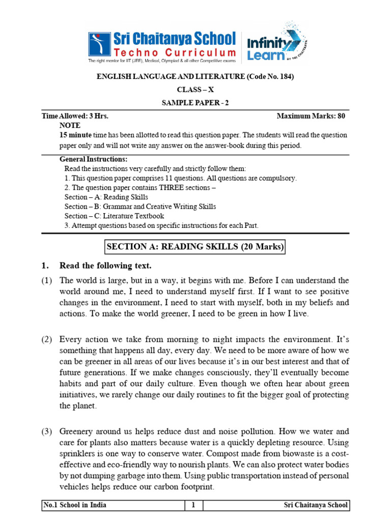 Class 10 English Sample Paper | PDF | Water | Internet