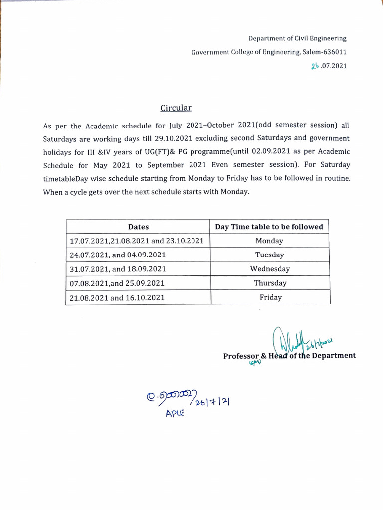 Saturday Time Table Circular | PDF
