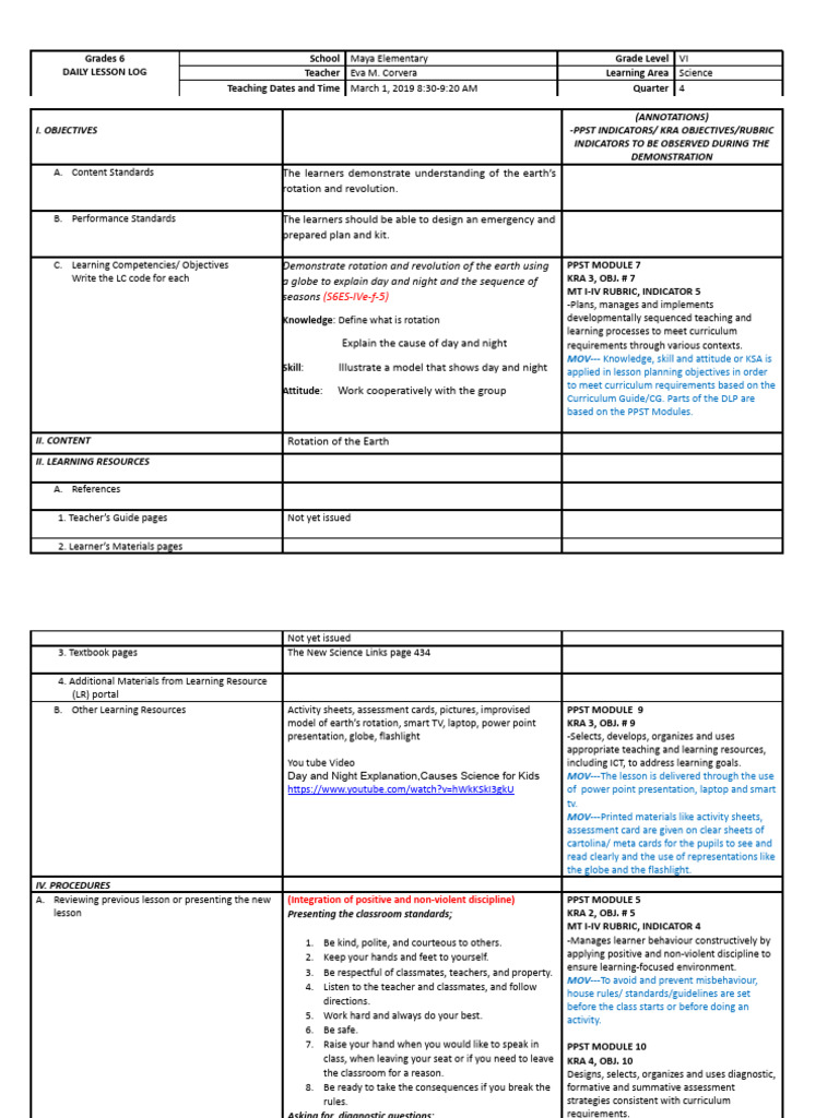 Cot - DLP - Science 6 - Earth's Rotation by Master Teacher Eva M. Corvera | PDF | Educational ...
