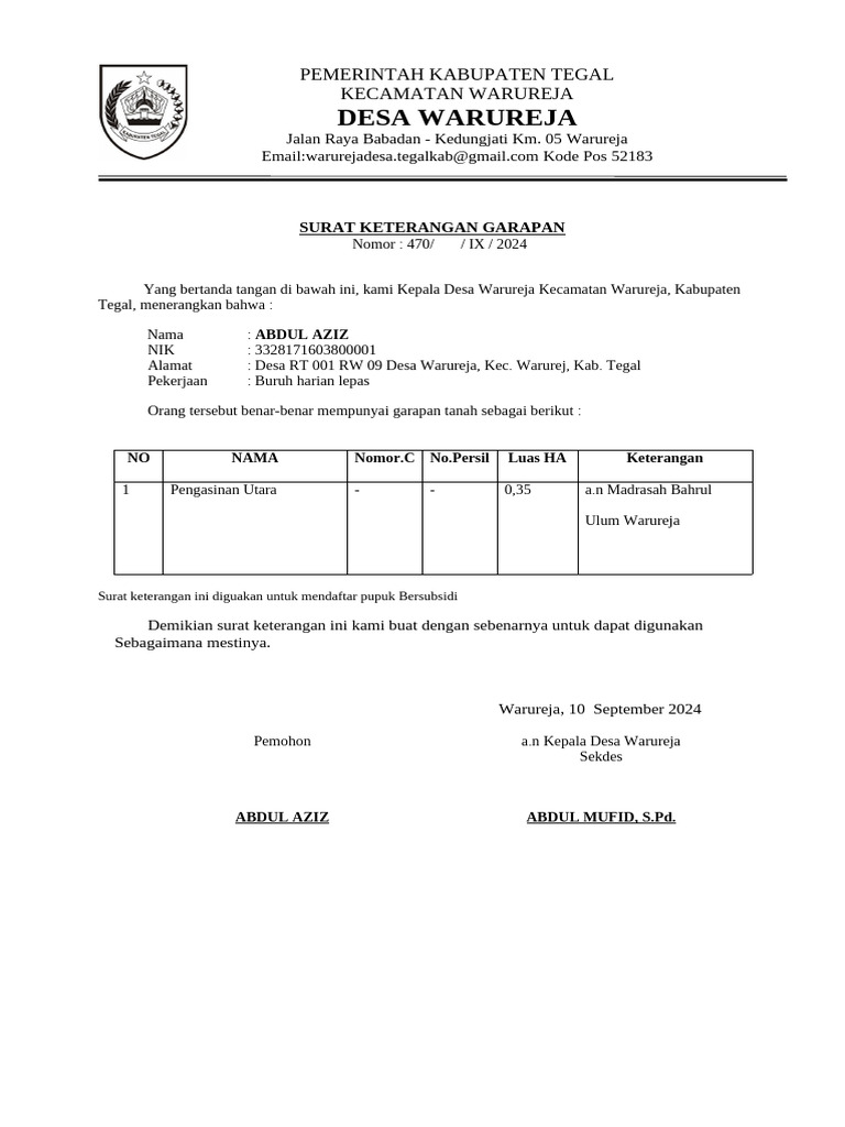 Surat Keterangan Garapan | PDF