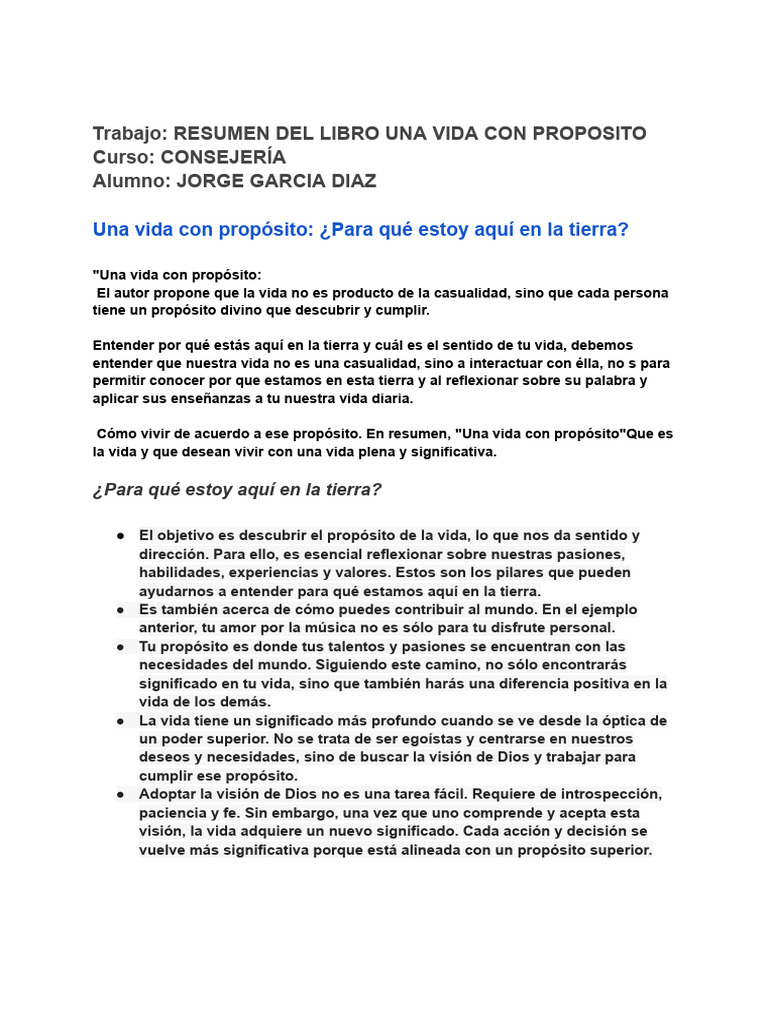 Trabajo Del Curso - Vida Con Proposito - Jorge Garcia | PDF