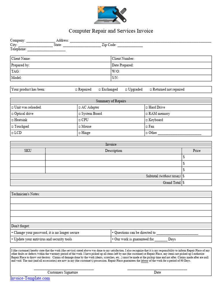 Computer Repair Invoice Template | PDF | Video Game Platforms ...