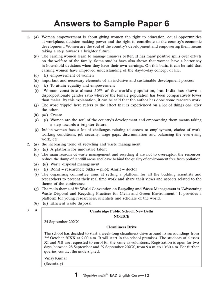 Cbse Cl12 Ead English Core Answers To Sample Paper 6 2025 | PDF