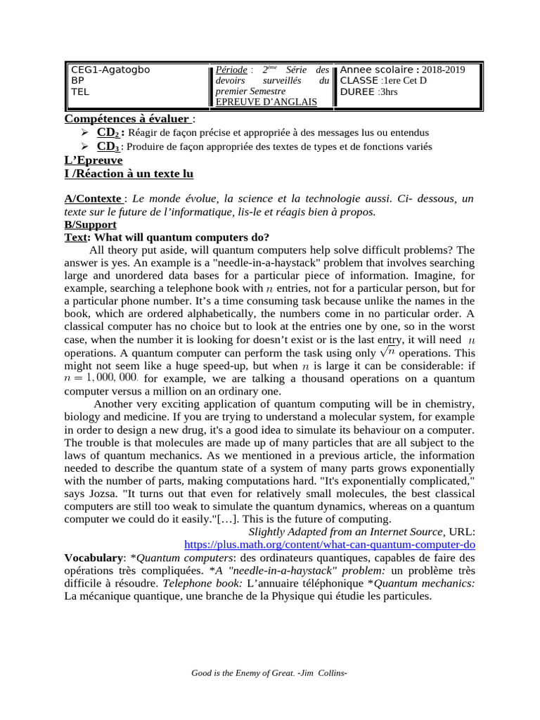 Devoir Premiere (1) | PDF | Quantum Computing | Physics