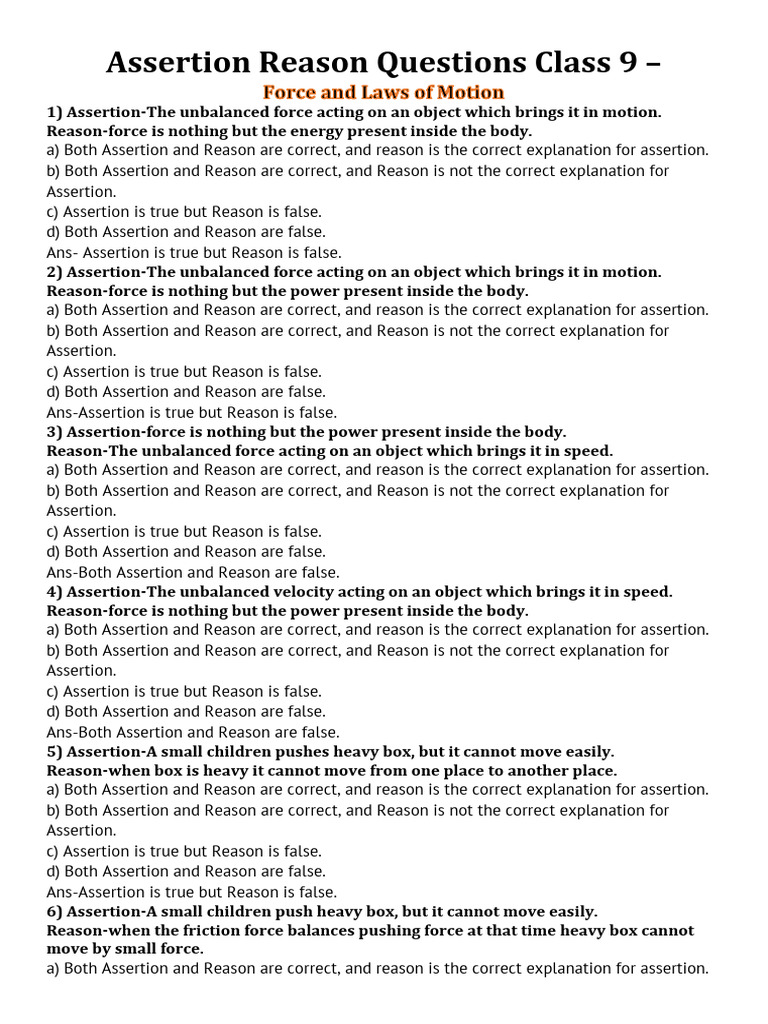 Class 9 Motion: Assertion & Reason | PDF | Force | Speed