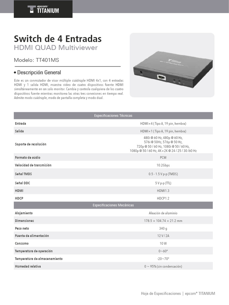 Hoja de Especificaciones TT401MS Rev.1.0 | PDF | Hdmi | Formatos de medios