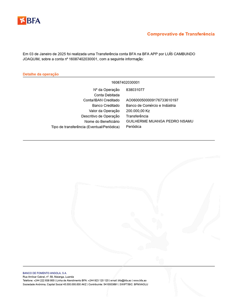 Comprovativo de Transferência BFA 2025 | PDF