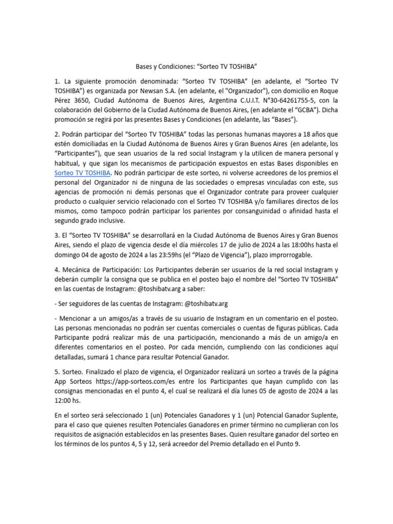 Bases y Condiciones Sorteo TV TOSHIBA | PDF
