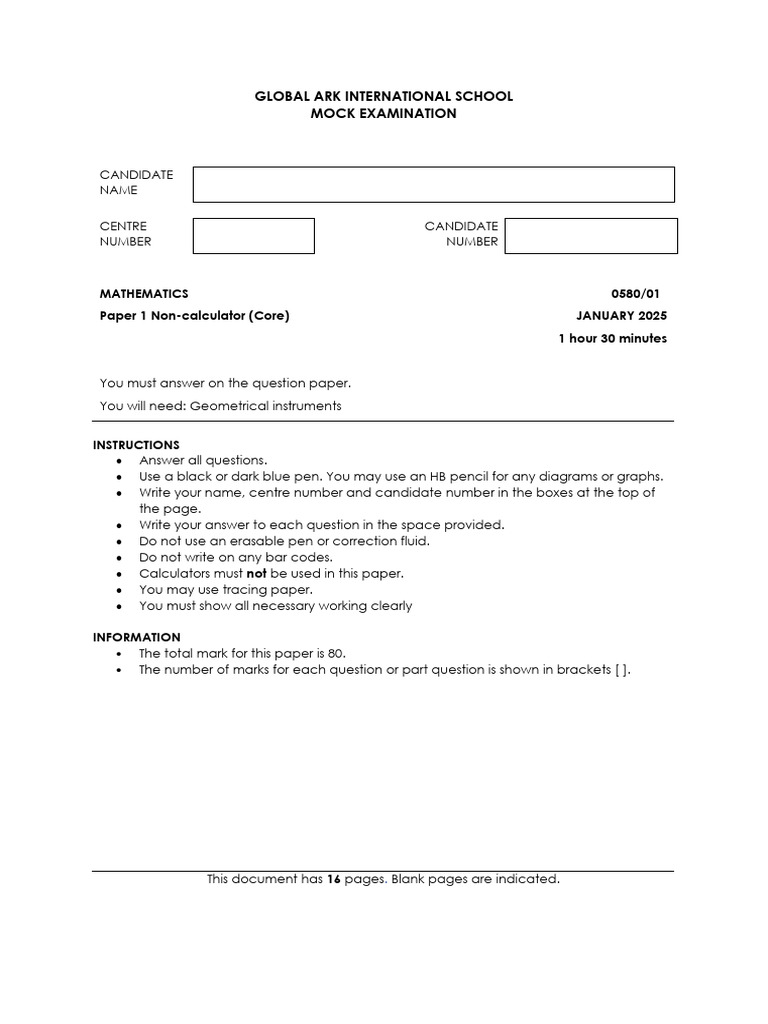 MOCK_EXAM_0580_Mathematics_ 24-25_P1_QP | PDF | Area | Elementary Geometry