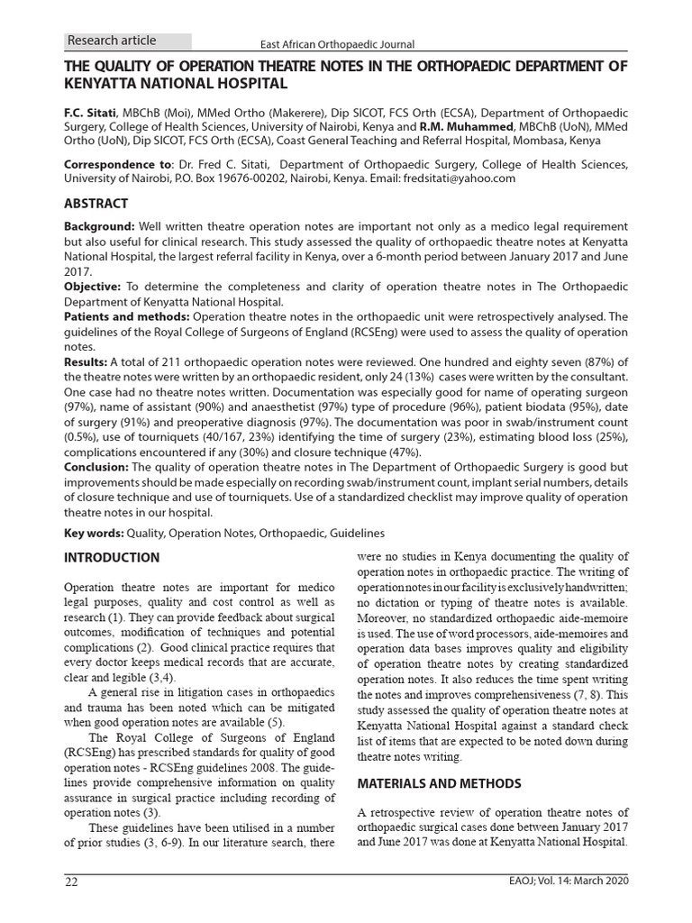 The Quality of Operation Theatre Notes in the Orthopaedic Department of ...