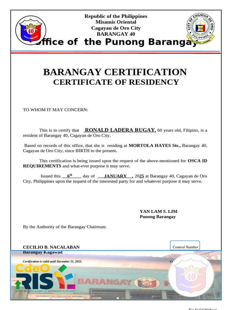 Certificate of Residency Ronald Rugay | PDF