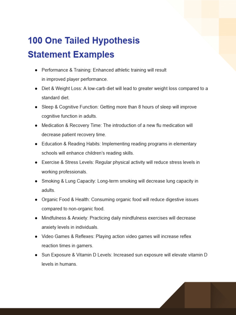 100 One-Tailed Hypothesis Examples | PDF | Dieting | Sleep