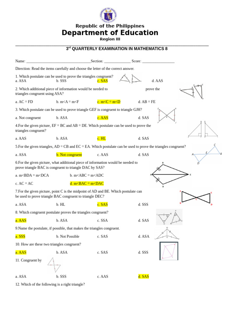 3rd Quarterly Exam Math 8 with answer key | PDF | Euclidean Geometry ...