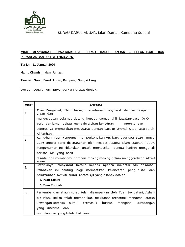 Minit Mesyuarat Surau Darul Anuar New | PDF