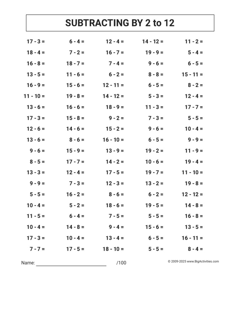 Subtracting by 2,3,4,5,6,7,8,9,10,11,12 (Horizontal Questions - Full ...