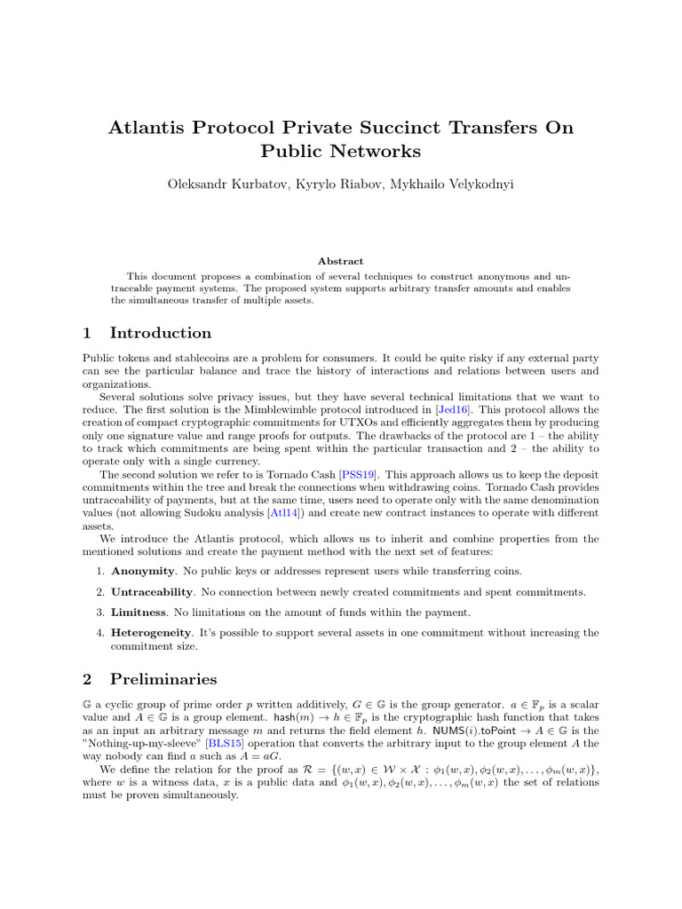 Atlantis Protocol Private Succinct Transfers On Public Networks | PDF | Cash | Cryptography