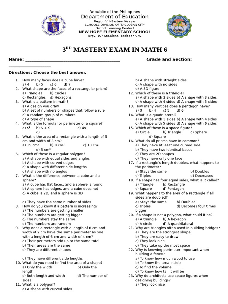 Grade 6 Math Mastery Exam | PDF | Area | Shape