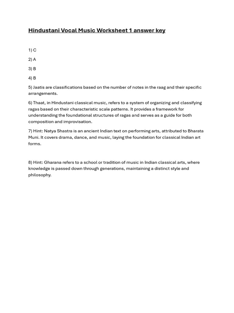 Hindustani Vocal Music Answer Key | PDF