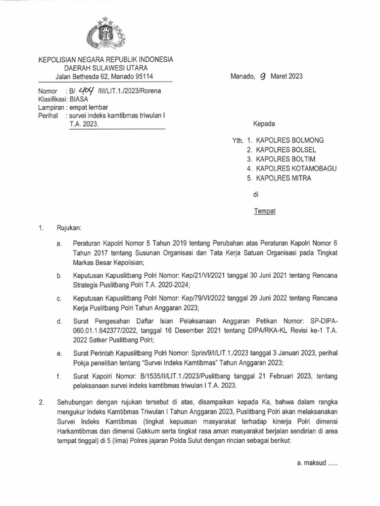 Surat Survei Indeks Kamtibmas Tw-I T.a.-2023 | PDF
