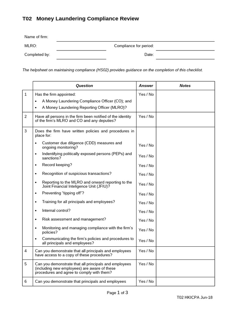 Money Laundering Compliance Checklist | PDF | Regulatory Compliance ...